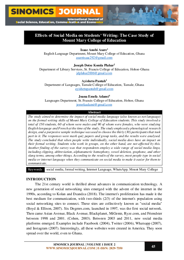 (PDF) Effects of Social Media on Students’ Writing: The Case Study of Mount Mary College of ...