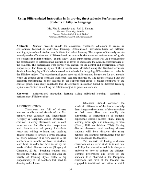 (PDF) Using Differentiated Instruction in Improving the Academic Performance of Students in ...
