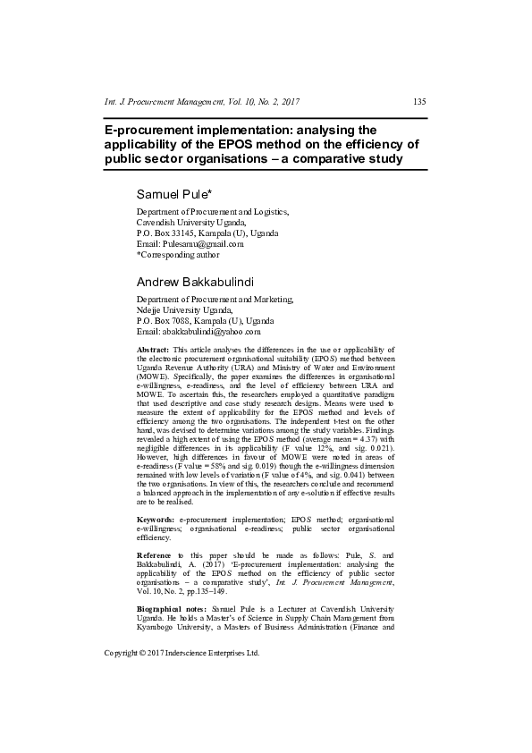 (PDF) E-procurement implementation: analysing the applicability of the ...