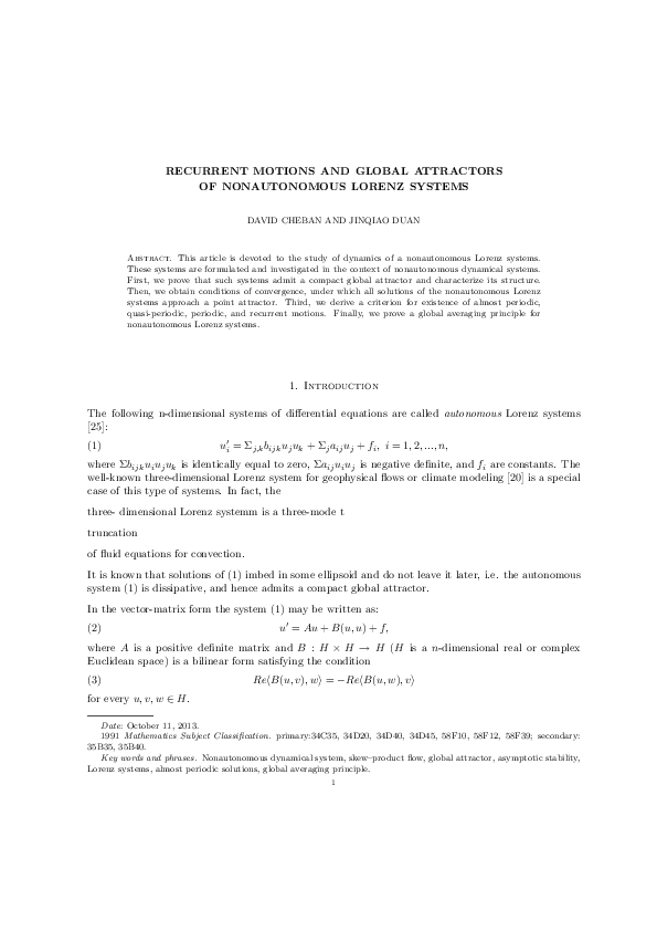 Pdf Recurrent Motions And Global Attractors Of Non Autonomous Lorenz Systems