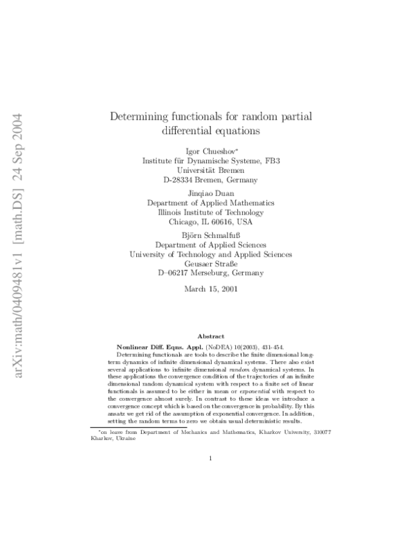 Pdf Determining Functionals For Random Partial Differential Equations