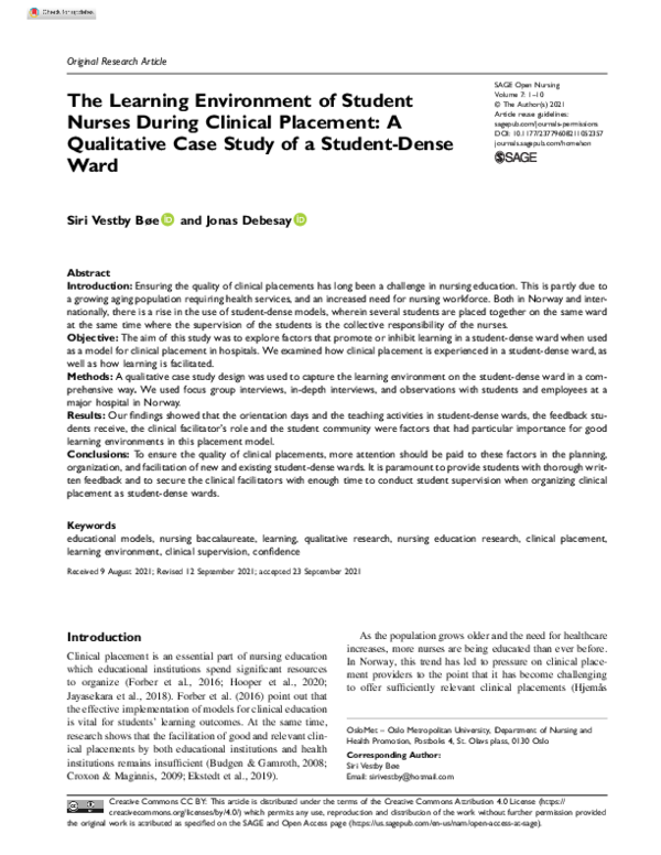 (PDF) The Learning Environment of Student Nurses During Clinical Placement: A Qualitative Case ...