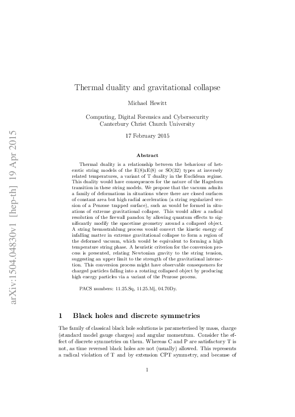 (PDF) Thermal duality and gravitational collapse