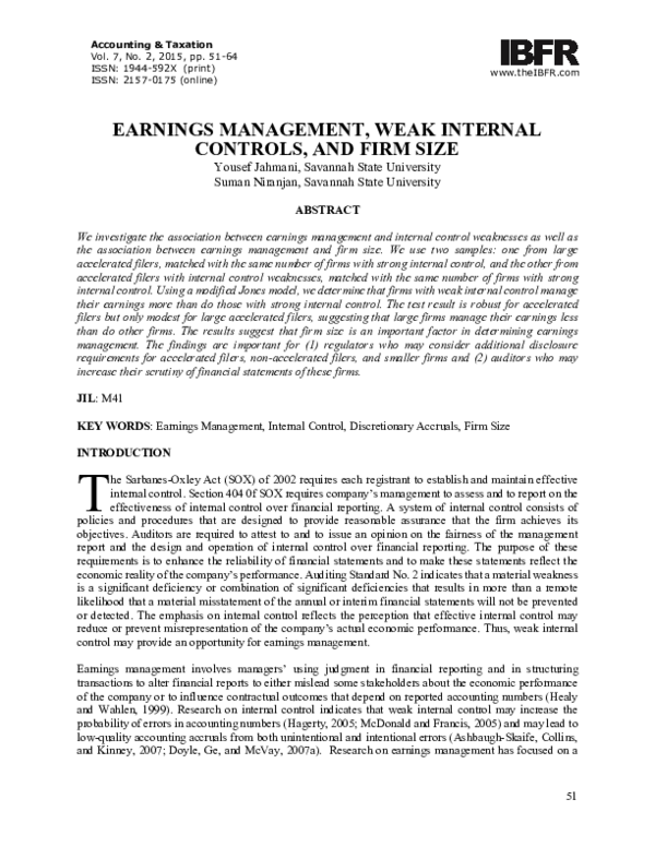 (PDF) Earnings Management, Weak Internal Controls, and Firm Size