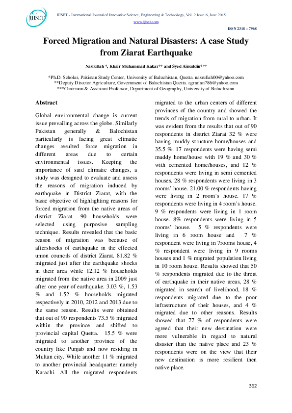 (PDF) Forced Migration and Natural Disasters: A case Study from Ziarat ...