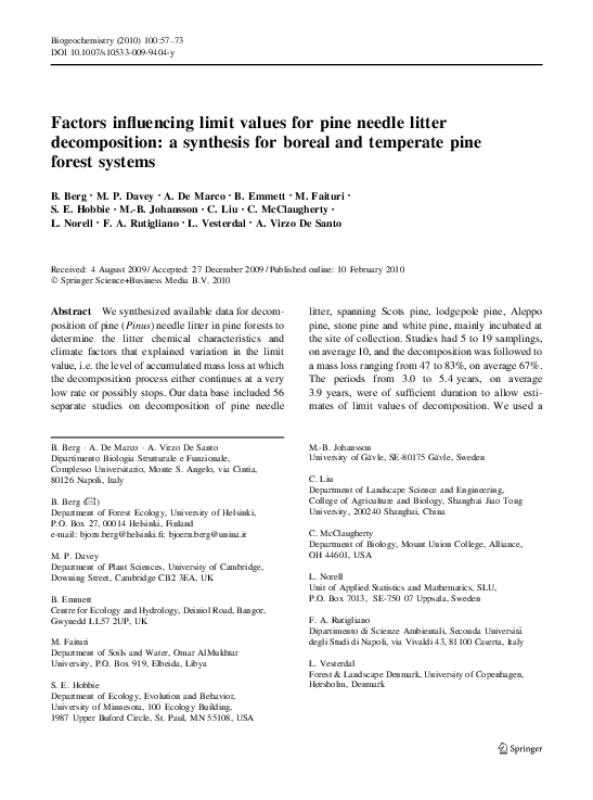 (PDF) Factors influencing limit values for pine needle litter decomposition: a synthesis for ...