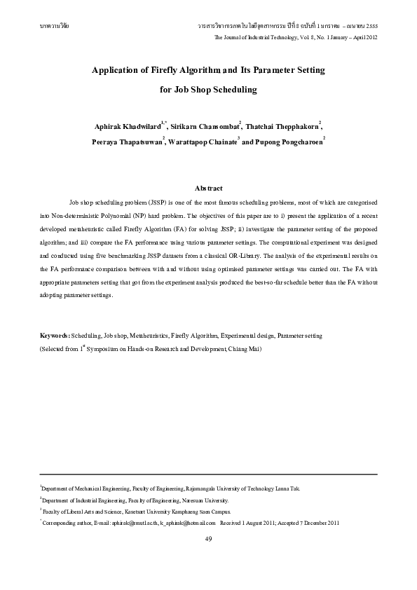 (PDF) Application of firefly algorithm and its parameter setting for job shop scheduling