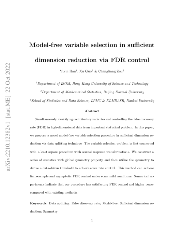 (PDF) Model-free variable selection in sufficient dimension reduction via FDR control