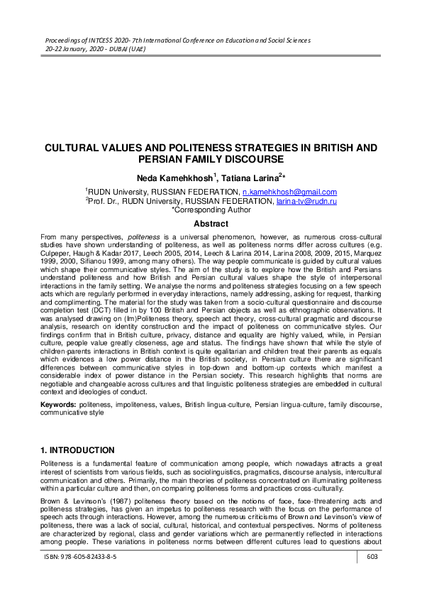 (PDF) Cultural values and politeness strategies in British and Persian family discourse