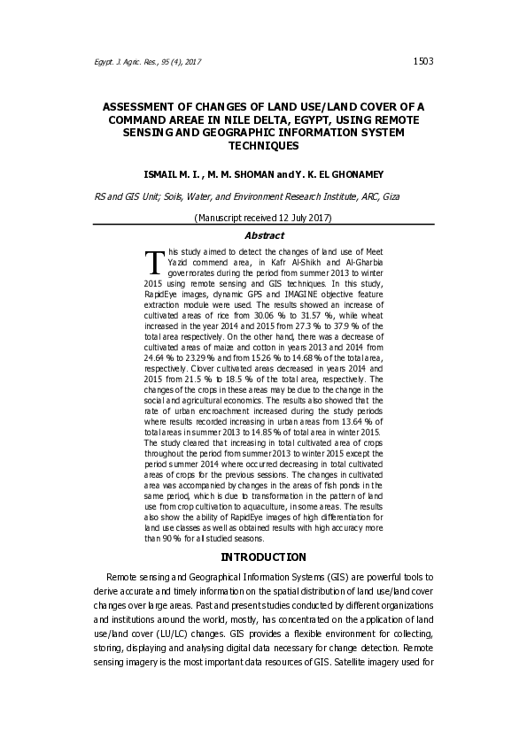 (PDF) Assessment of Changes of Land Use/Land Cover of a Command Areae in Nile Delta, Egypt ...