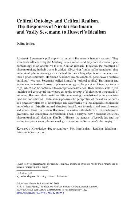 (PDF) Realism and Ontology in Hartmann and Sesemann