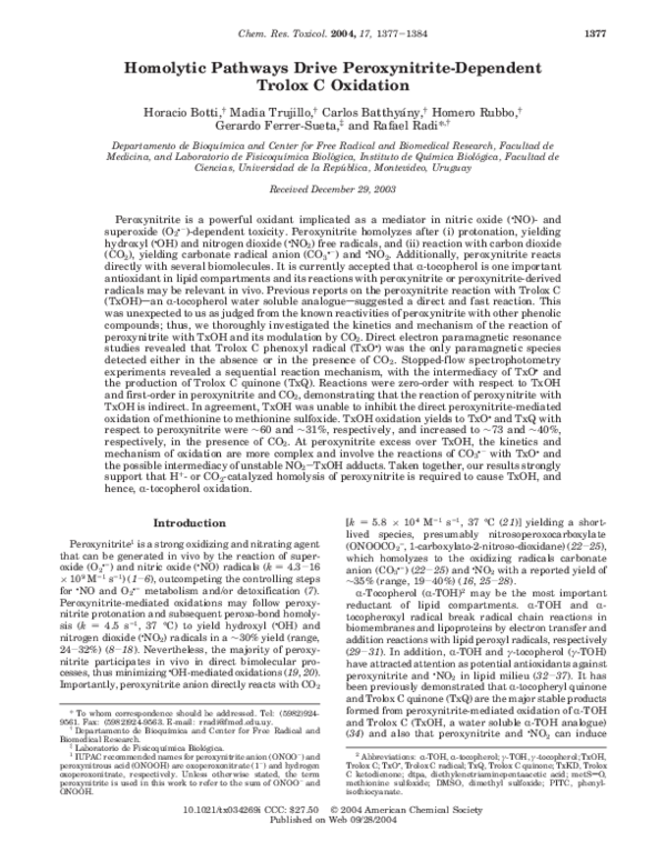 (PDF) Homolytic Pathways Drive Peroxynitrite-Dependent Trolox C Oxidation