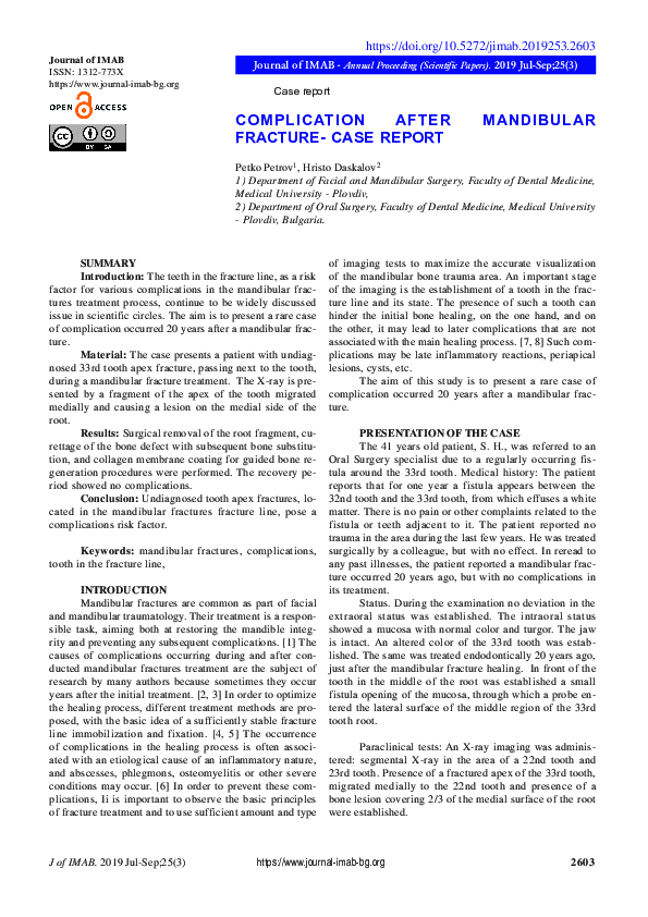 (PDF) Complication After Mandibular Fracture- Case Report