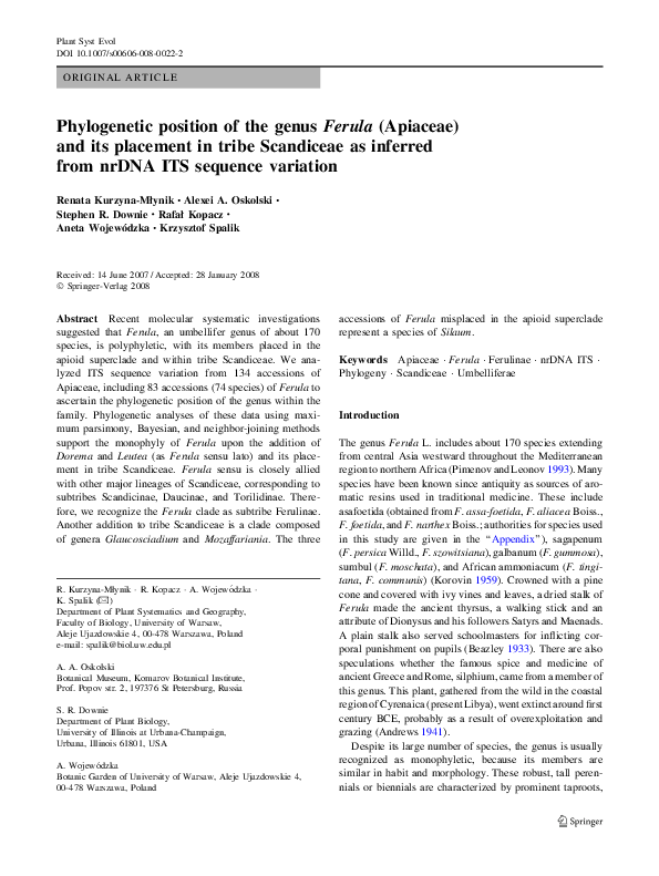 (PDF) Phylogenetic position of the genus Ferula (Apiaceae) and its ...