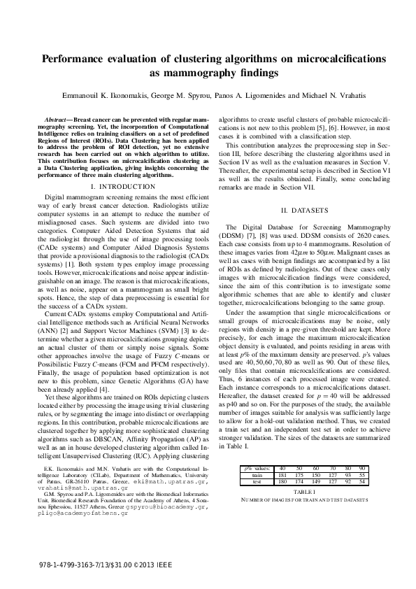 (PDF) Performance evaluation of clustering algorithms on microcalcifications as mammography findings