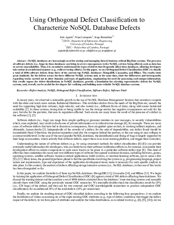 Pdf Using Orthogonal Defect Classification To Characterize Nosql Database Defects
