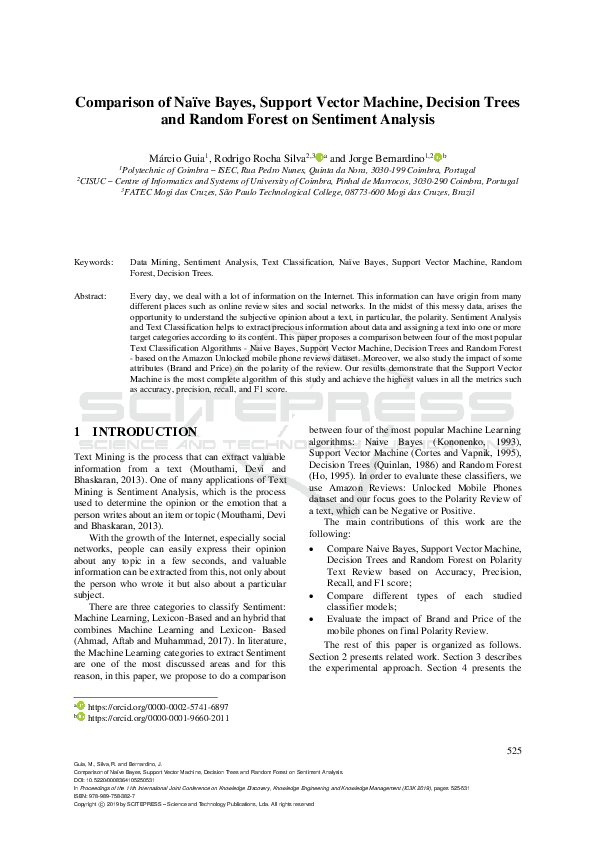 Pdf Comparison Of Naïve Bayes Support Vector Machine Decision Trees And Random Forest On