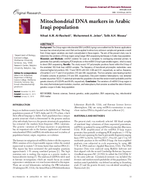 (PDF) Mitochondrial DNA Markers in Arabic Iraqi Population