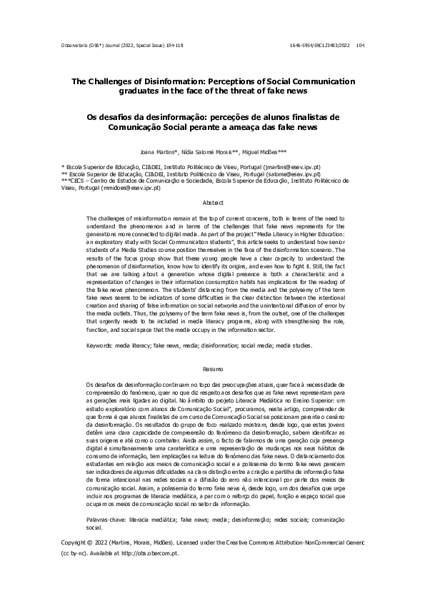 (PDF) The Challenges of Disinformation: Perceptions of Social ...