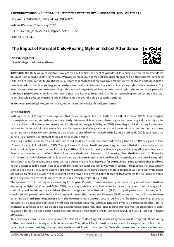 (PDF) The Impact of Parental Child–Rearing Style on School Attendance