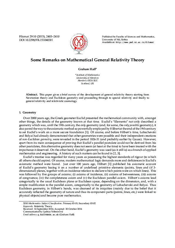 (PDF) Some remarks on mathematical general relativity theory