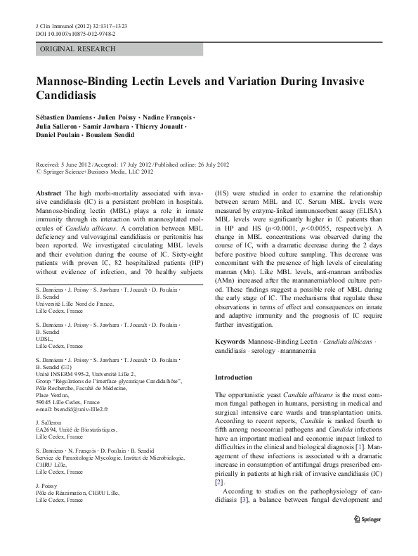 Pdf Mannose Binding Lectin Levels And Variation During Invasive