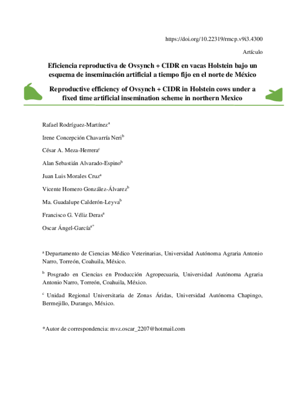 (PDF) Eficiencia reproductiva de Ovsynch + CIDR en vacas Holstein bajo ...
