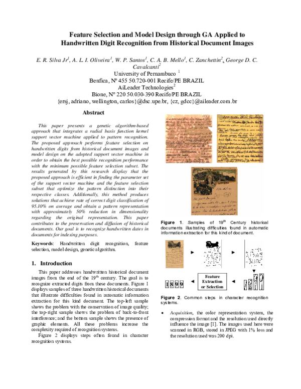 Pdf Feature Selection And Model Design Through Ga Applied To Handwritten Digit Recognition