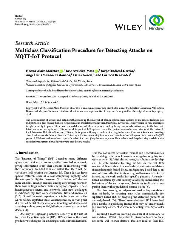 Pdf Multiclass Classification Procedure For Detecting Attacks On Mqtt Iot Protocol