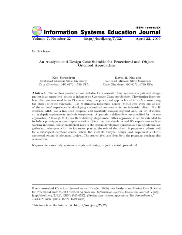 (PDF) In this issue: An Analysis and Design Case Suitable for Procedural and Object Oriented ...