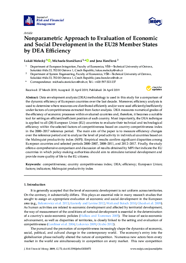 (PDF) Nonparametric Approach to Evaluation of Economic and Social Development in the EU28 Member ...