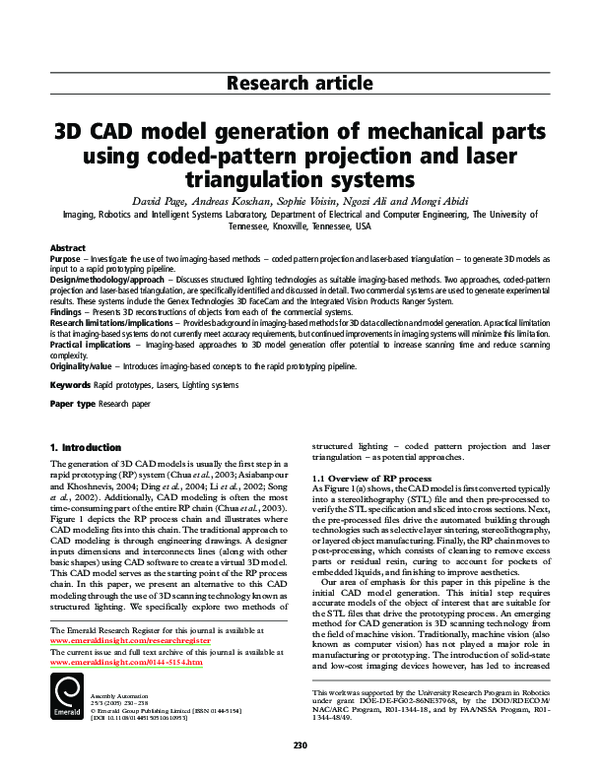 (PDF) 3D CAD model generation of mechanical parts using coded‐pattern projection and laser ...