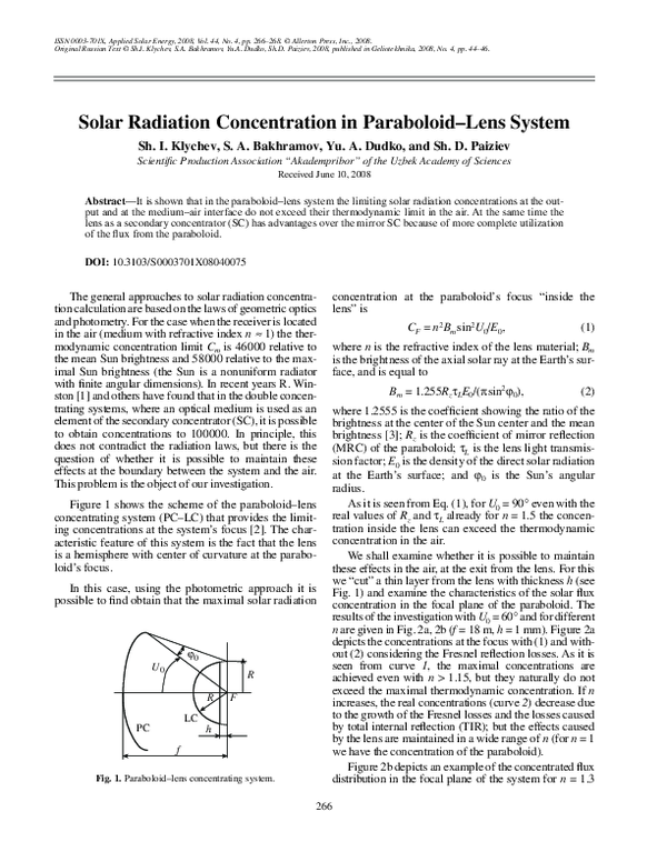 (PDF) Solar radiation concentration in paraboloid-lens system ...