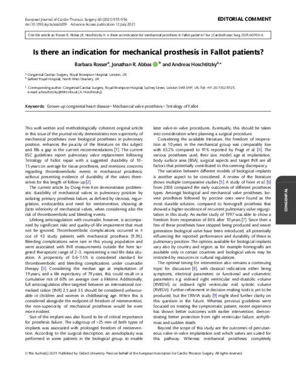 (PDF) Is there an indication for mechanical prosthesis in Fallot patients?