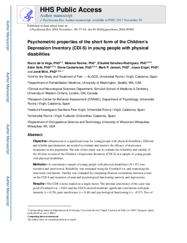 (PDF) Psychometric properties of the short form of the Children's ...