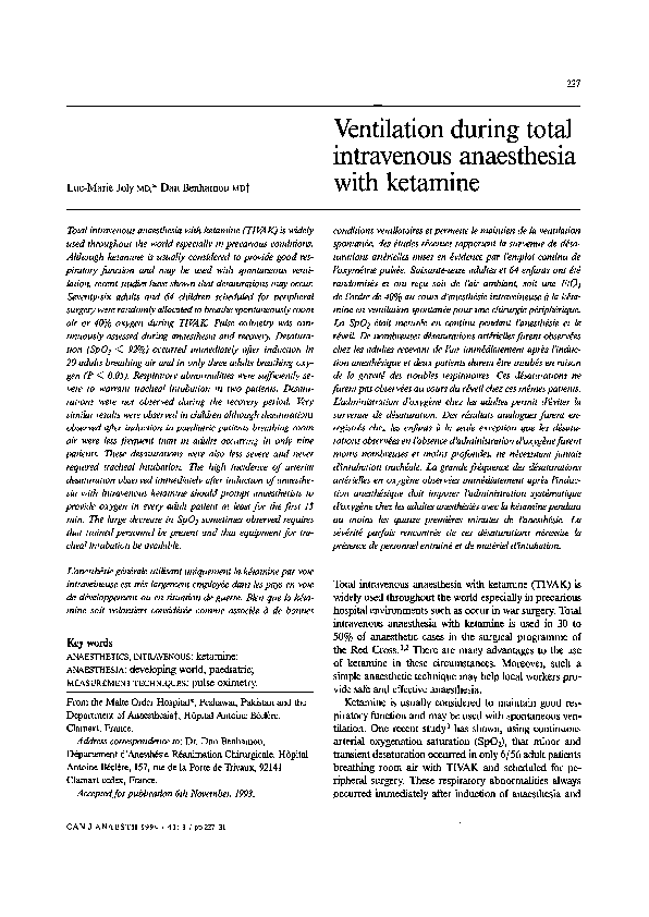 (PDF) Ventilation during total intravenous anaesthesia with ketamine