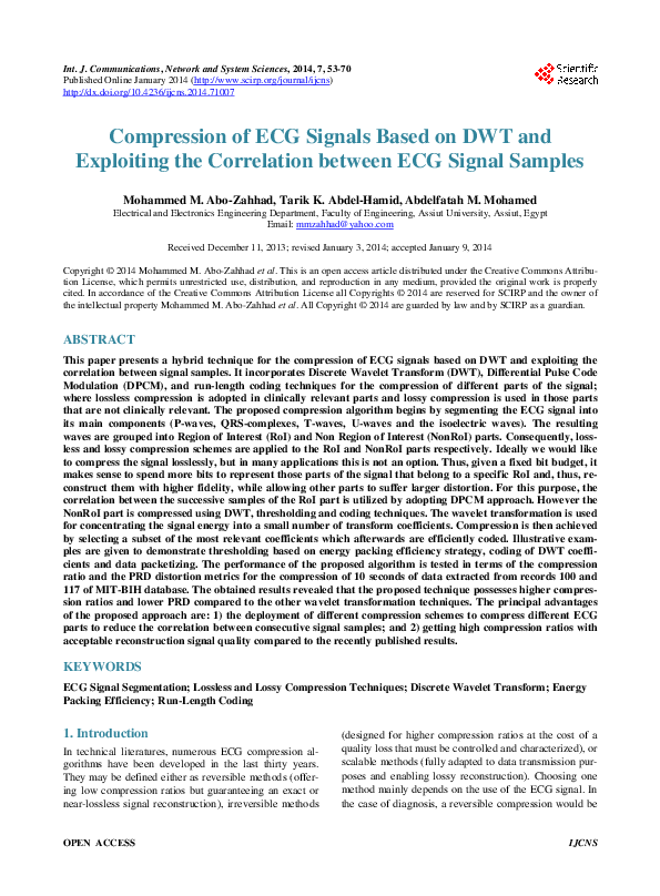 Pdf Compression Of Ecg Signals Based On Dwt And Exploiting The Correlation Between Ecg Signal
