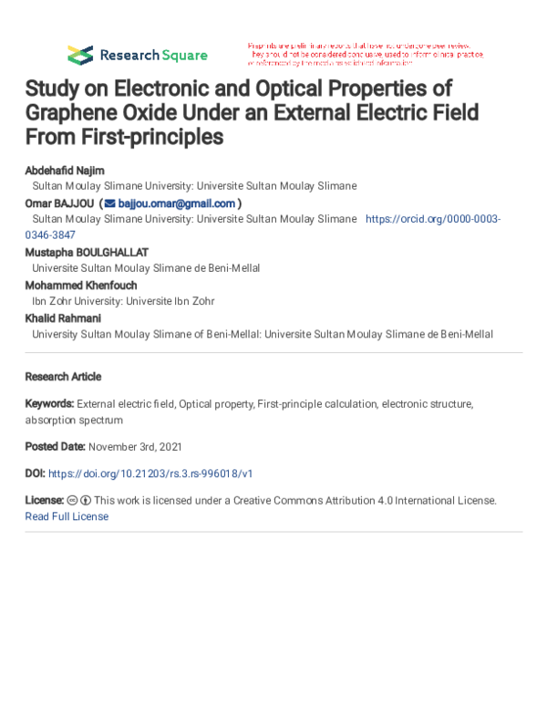 (PDF) Study on Electronic and Optical Properties of Graphene Oxide Under an External Electric ...