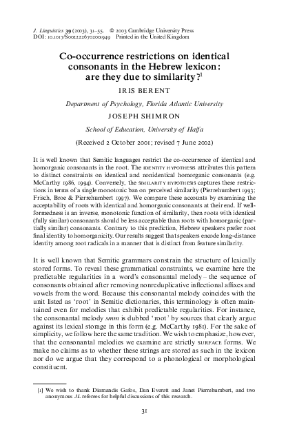 (PDF) Co-occurrence restrictions on identical consonants in the Hebrew ...
