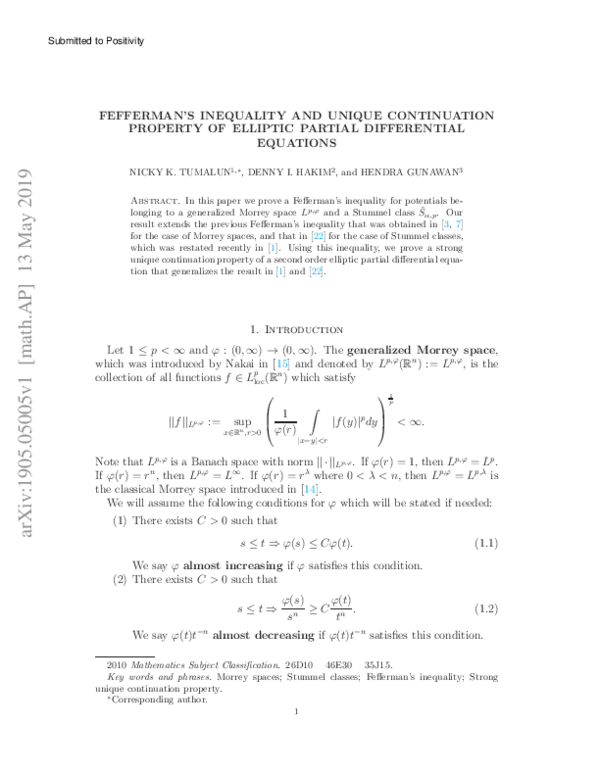 (PDF) Fefferman's Inequality and Unique Continuation Property of Elliptic Partial Differential ...