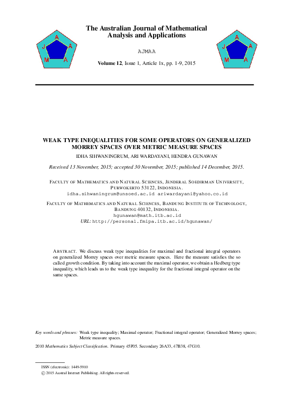 Pdf Weak Type Inequalities For Some Operators On Generalized Morrey Spaces Over Metric Measure