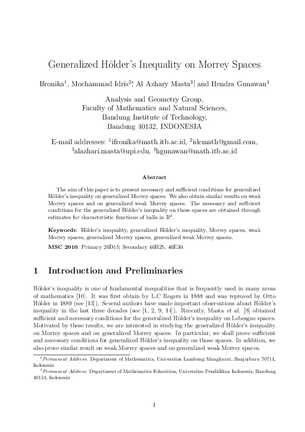 (PDF) Generalized Hölder's inequality on Morrey spaces