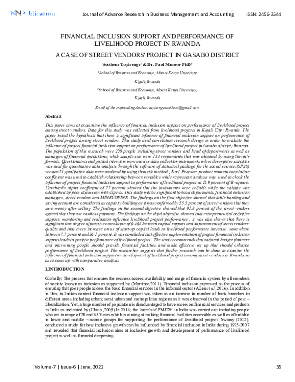 (PDF) Financial Inclusion Support and Performance of Livelihood Project in Rwanda: A Case of ...