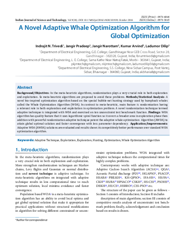 (PDF) A Novel Adaptive Whale Optimization Algorithm for Global Optimization