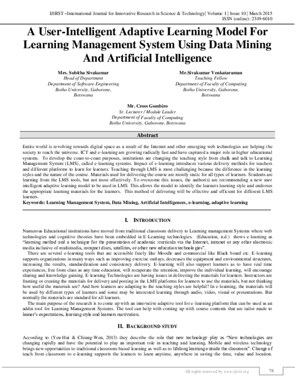 Pdf A User Intelligent Adaptive Learning Model For Learning Management System Using Data