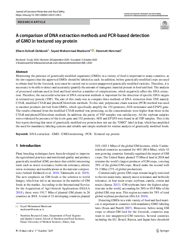 Pdf A Comparison Of Dna Extraction Methods And Pcr Based Detection Of Gmo In Textured Soy
