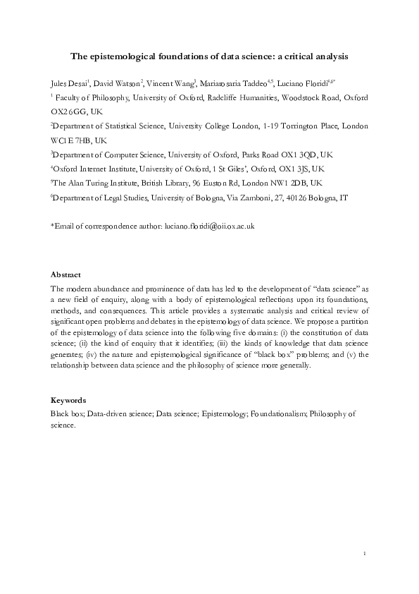 (PDF) The epistemological foundations of data science: a critical analysis