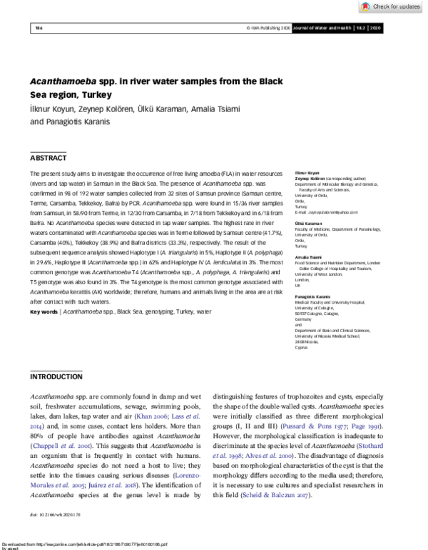Pdf Acanthamoeba Spp In River Water Samples From The Black Sea Region Turkey Amalia Tsiami