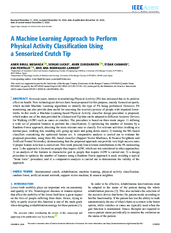Pdf A Machine Learning Approach To Perform Physical Activity Classification Using A Sensorized