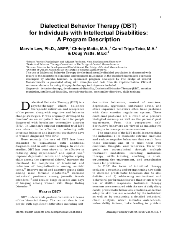 (PDF) Dialectical behavior therapy (DBT) for individuals with intellectual disabilities: A ...
